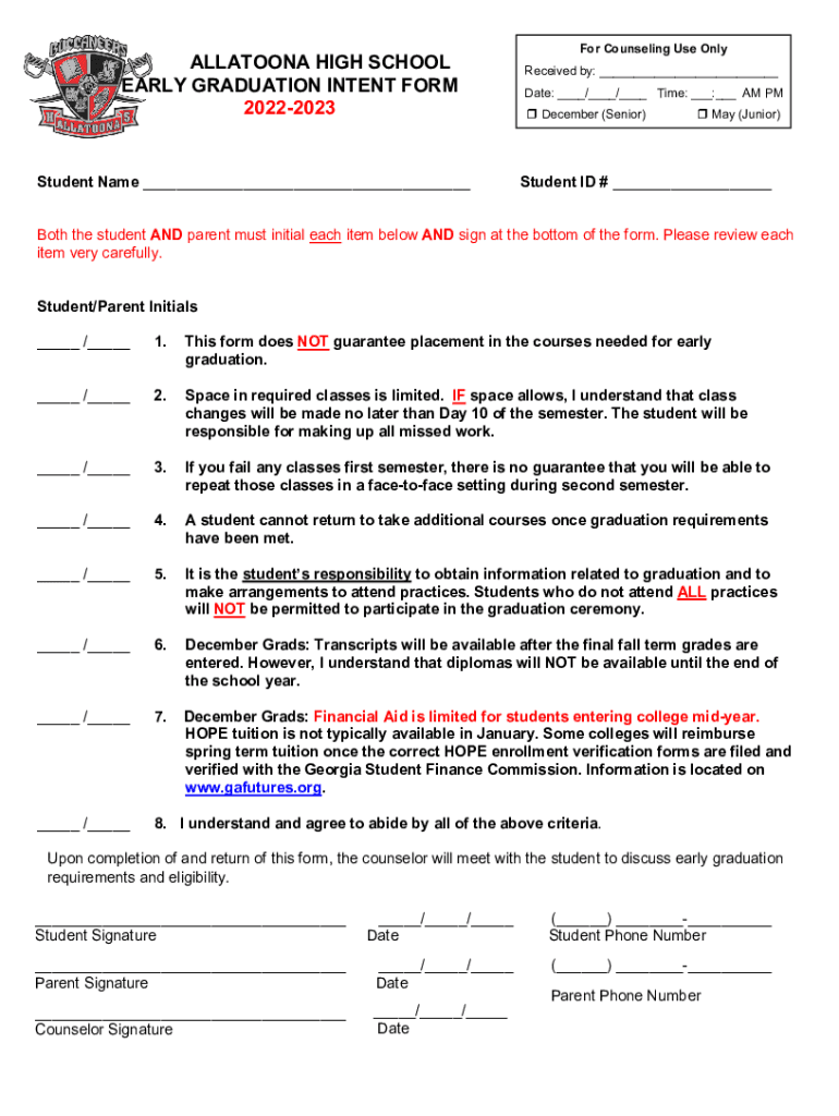 Fillable Online ALLATOONA HIGH SCHOOL EARLY GRADUATION INTENT FORM Fax ...