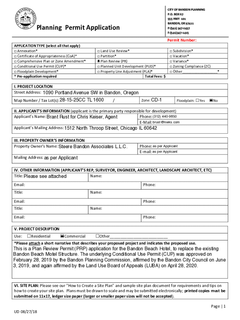 Fillable Online Planning Permit Application - City of Bandon Fax Email ...