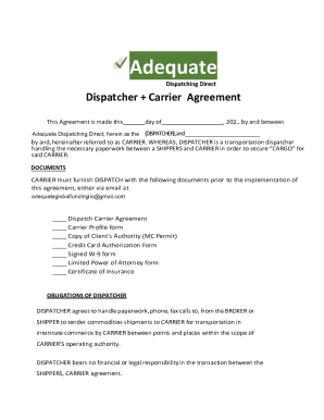 Fillable Online Dispatcher- Carrier AgreementDISPATCH CARRIER ...