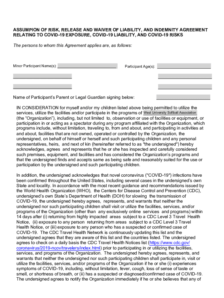 Fillable Online ASSUMPTION OF RISK, RELEASE AND WAIVER OF LIABILITY AND ...