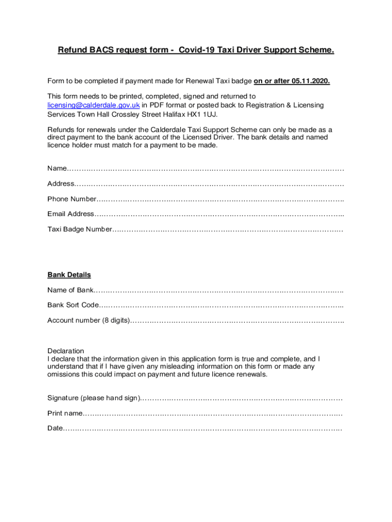 Fillable Online Refund BACS request form - Covid-19 Taxi Driver Support ...