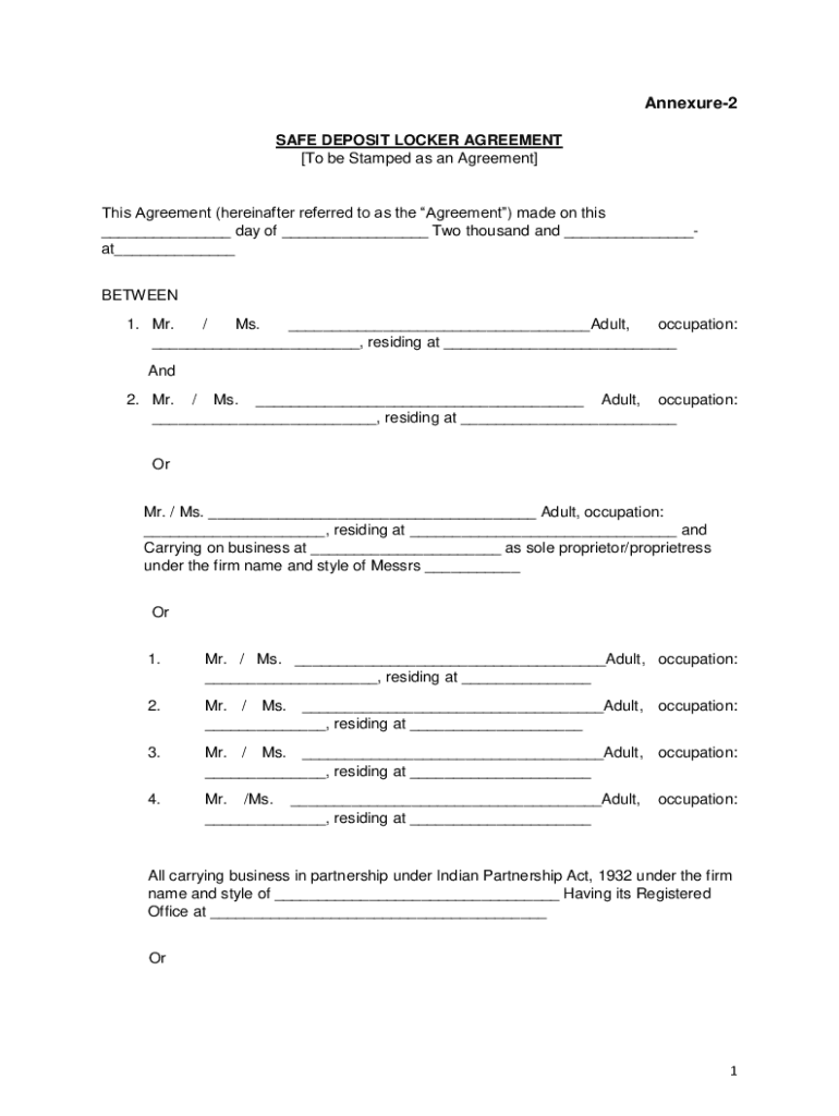Fillable Online SAFE DEPOSIT LOCKER AGREEMENT THIS LOCKER AGREEMENT IS ...