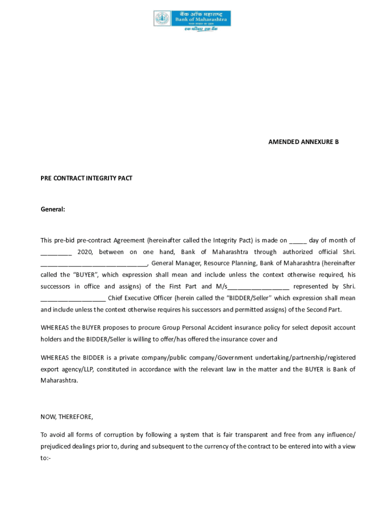 Fillable Online ANNEXURE 12: PRE CONTRACT INTEGIRITY PACT General ...