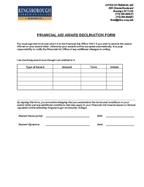 Fillable Online Fill - Free fillable FINANCIAL AID AWARD DECLINATION ...