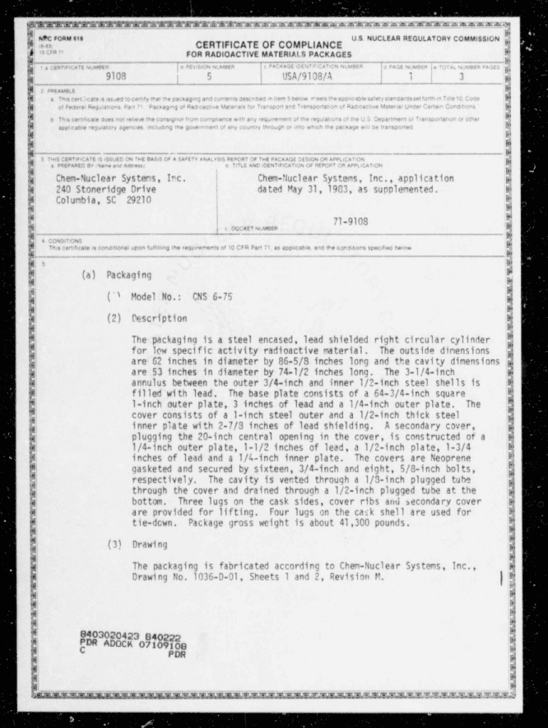 Fillable Online Certificate of Compliance 9108,Rev 5,for Model CNS 6-75. Fax Email Print - pdfFiller