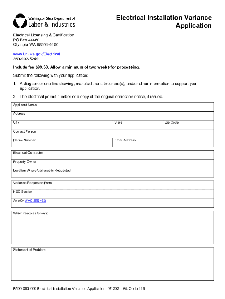 Fillable Online lni wa Electrical Installation Variance Application ...
