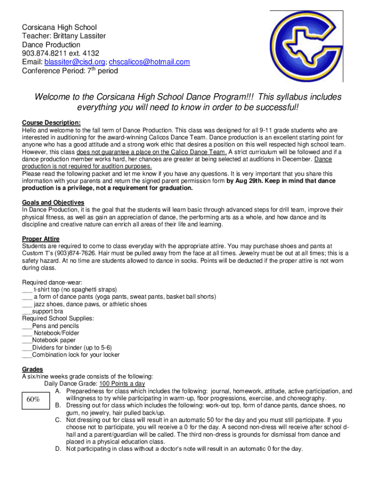Fillable Online Welcome to the Corsicana High School Dance Program ...