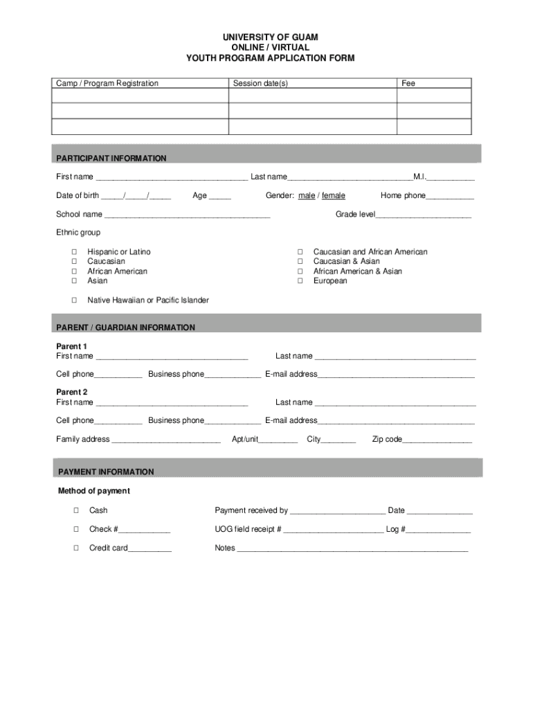 Fillable Online UNIVERSITY OF GUAM ONLINE / VIRTUAL YOUTH PROGRAM ...