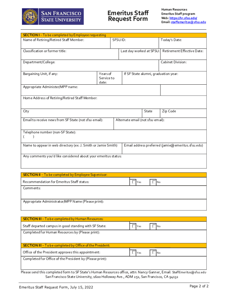 Fillable Online Emeritus Staff Request Form - Human Resources Fax Email ...