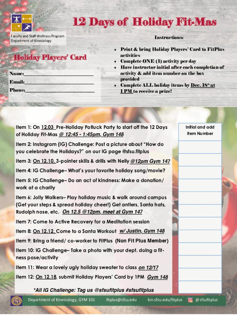 Fillable Online The 12 Days of Fitmas - Christmas Fitness Challenge ...