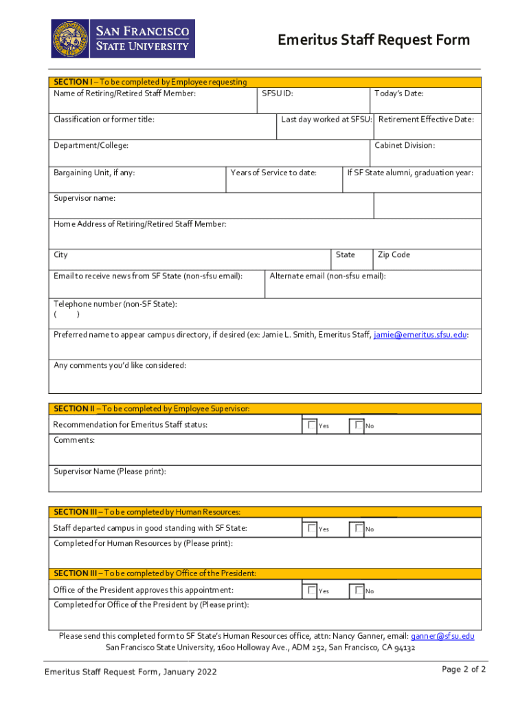 Fillable Online Emeritus Staff Request Form Fax Email Print - pdfFiller