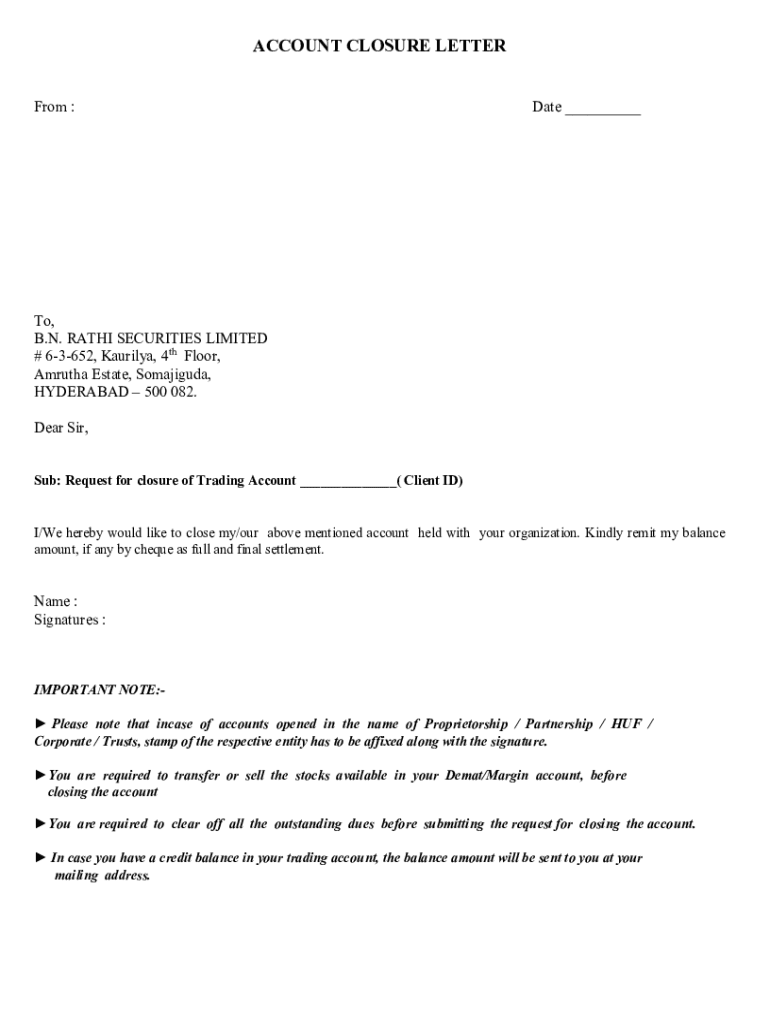Fillable Online ANNEXURE III: REQUEST LETTER FOR CLOSURE OF TRADING ...