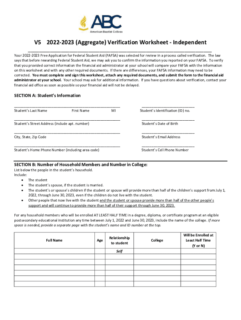Fillable Online Get the free 20212022 V5 Verification Worksheet Independent Student Fax Email ...