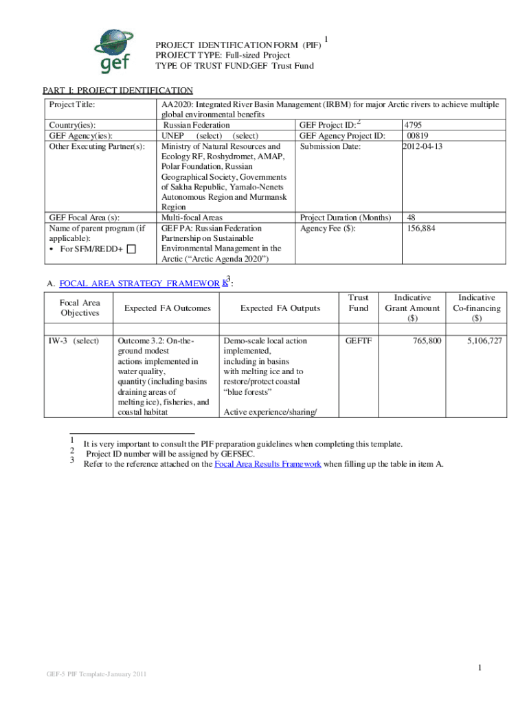 Fillable Online PROJECT IDENTIFICATION FORM (PIF) 1 PROJECT TYPE: Full ...