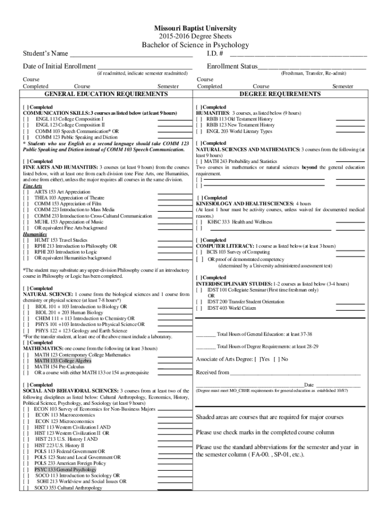 Fillable Online Fillable Online Missouri Baptist University 20152016 Degree Sheets ... Fax Email ...