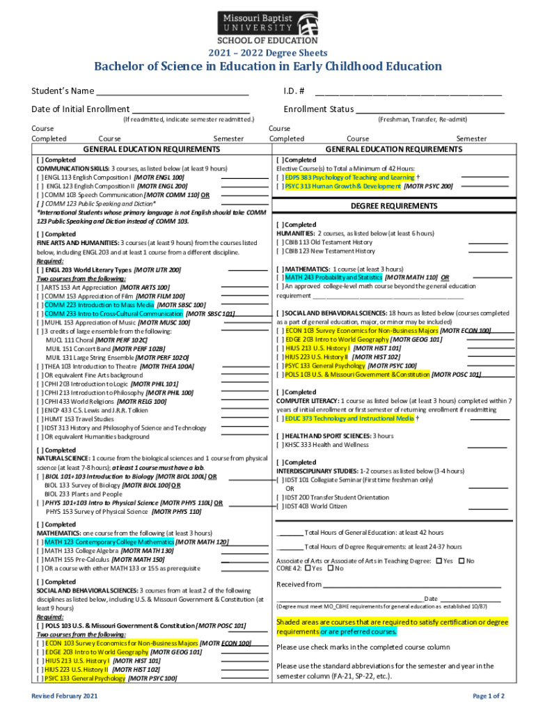 Fillable Online 2021 2022 Degree Sheets Bachelor of Science in Education in Early ... Fax Email ...