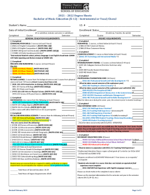 Fillable Online 20212022 Degree Sheets Bachelor of Music Education (K ...