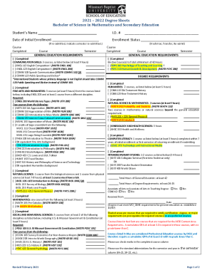 Fillable Online 2021 2022 Degree Sheets Bachelor of Science in ...
