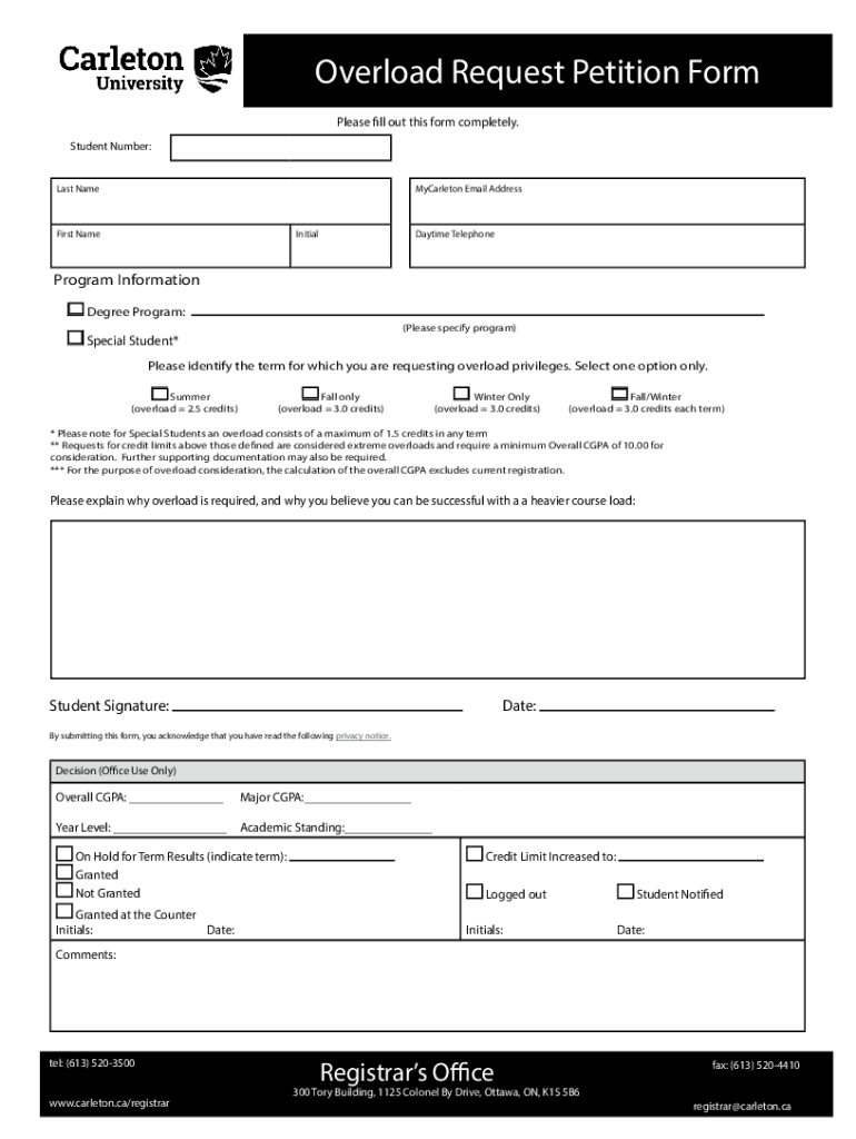 Fillable Online Overload Request Petition Form - Carleton University - Fill and Sign ... Fax ...