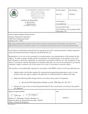Fillable Online Fillable Online EPA Reg'. Number: Date of Issuance: U.S ...