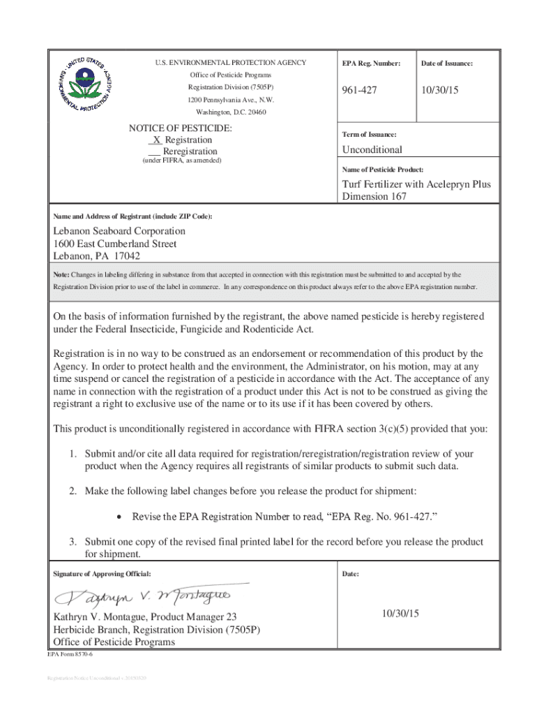 Fillable Online Fillable Online EPA Reg'. Number: Date of Issuance: U.S ...