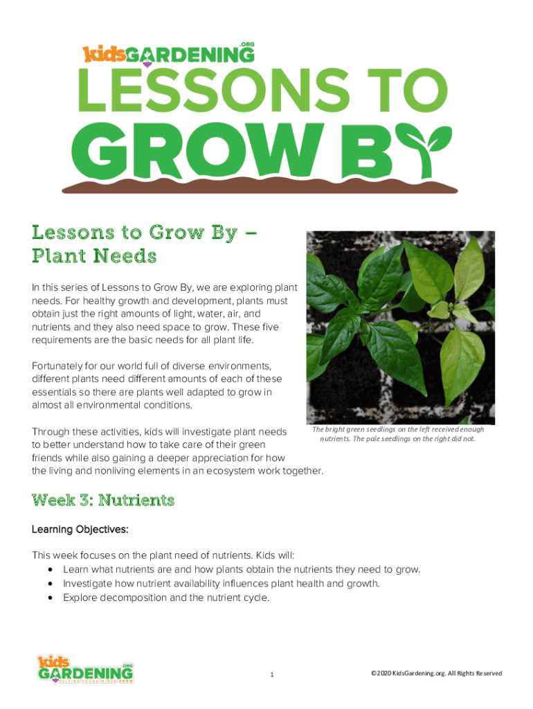 Fillable Online Lessons to Grow By: Plant NeedsTFES GARDEN CLUB Fax ...