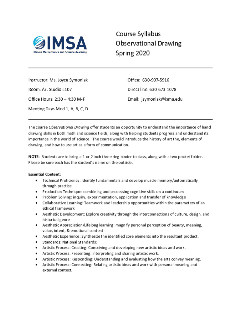 Fillable Online Observational Drawing: Course Syllabus Fax Email Print ...