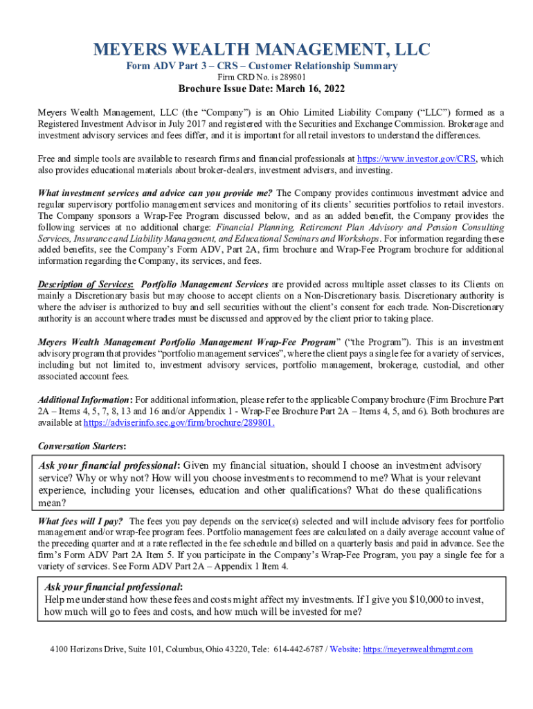 Fillable Online MWM - Form ADV Part 3 - Form CRS dated 03-16-2022 Fax Email Print - pdfFiller