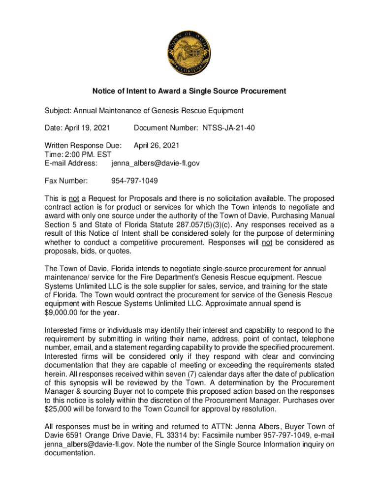 Fillable Online Fillable Online Notice of Intent to Award a Single Source Procurement ... Fax ...