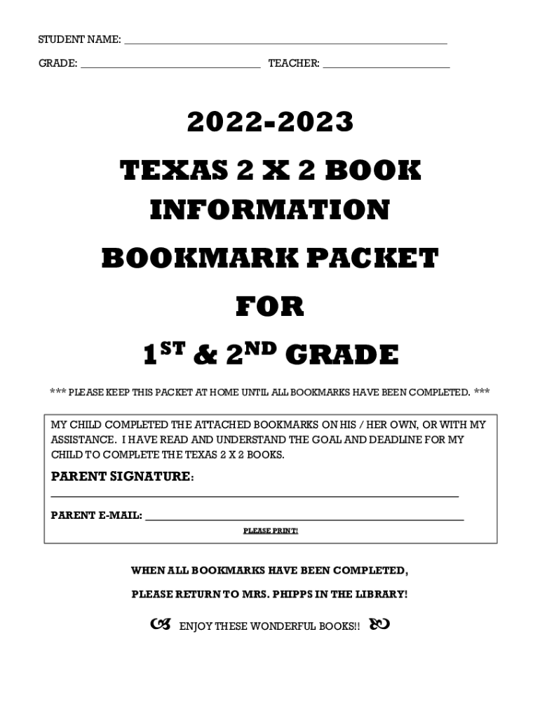Fillable Online STUDENT NAME: GRADE: TEACHER: 2x2 Information Bookmark ...