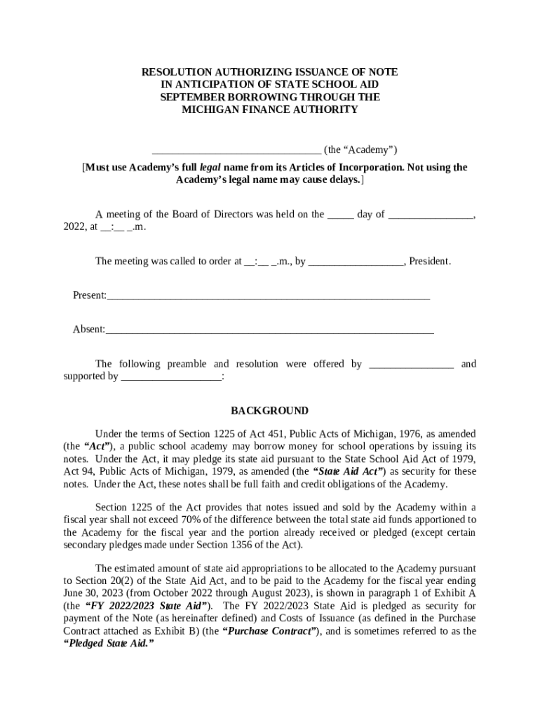Academy Board Resolution Authorizing 2022 State Aid Note ... Doc Template | pdfFiller