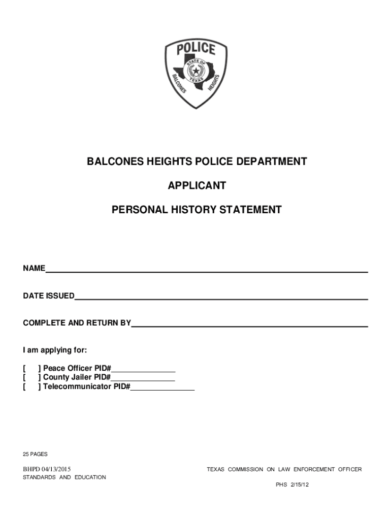 Fillable Online Personal History Statements for New Applicants ...