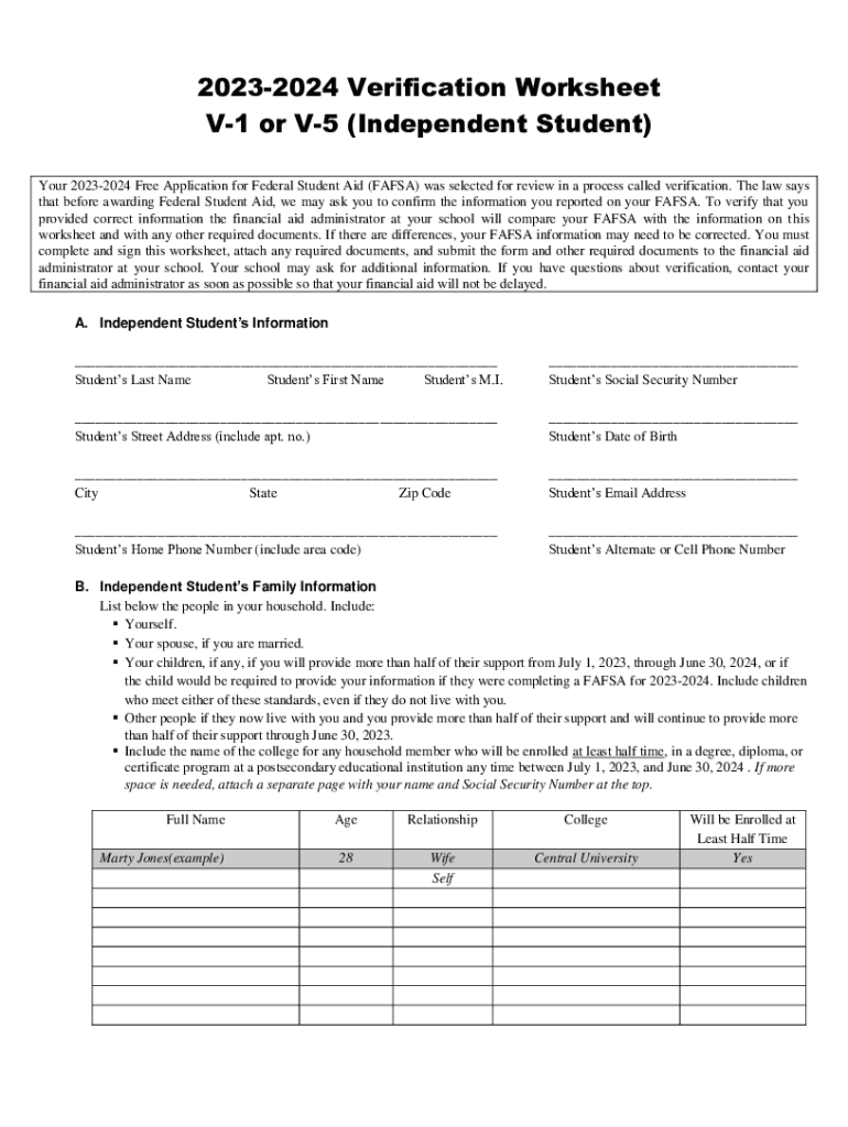 Fillable Online 2023-2024 Verification Worksheet V-1 or V-5 ...