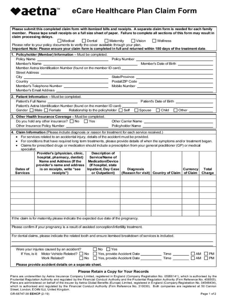 Fillable Online eCare Healthcare Plan Claim Form - Aetna international ...