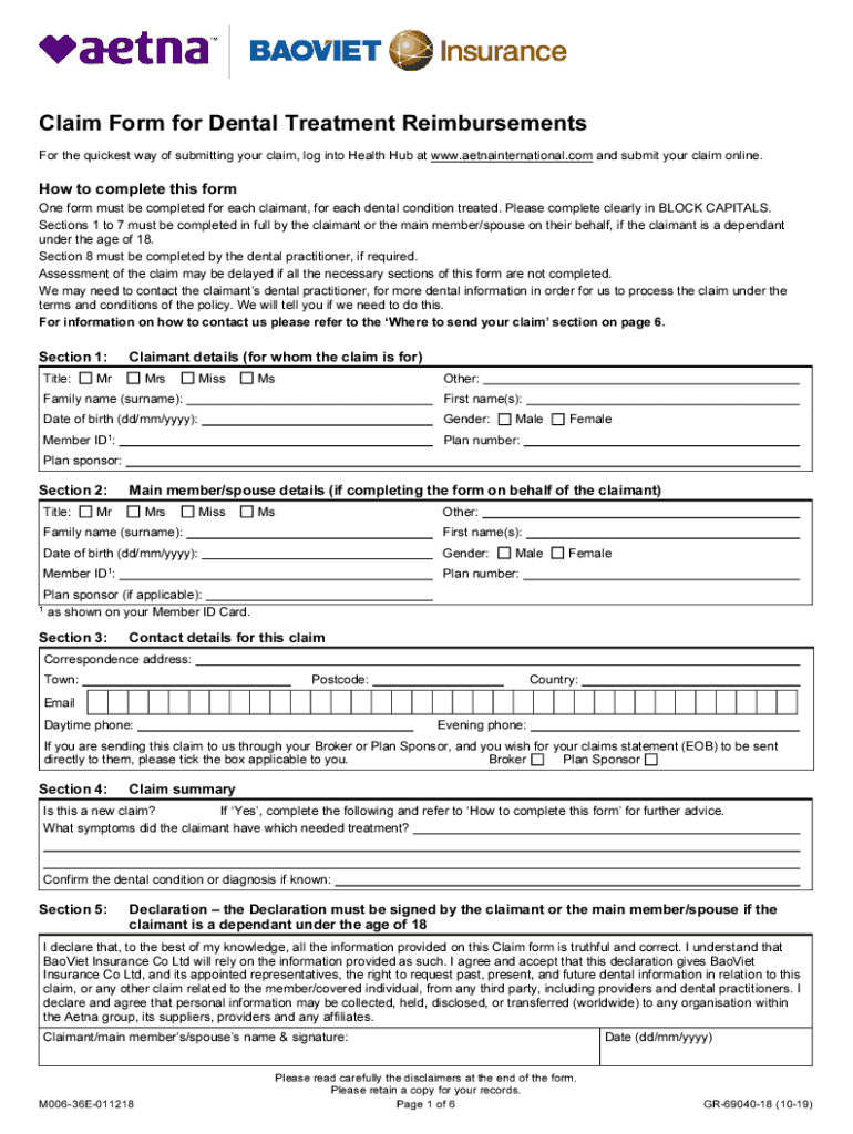 Fillable Online Claim Form for Dental Treatment Reimbursements ...