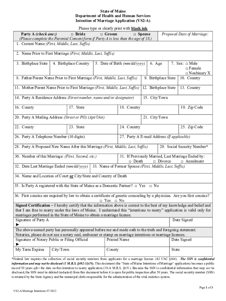 Fillable Online Intention of Marriage Application (VS2-A) - Maine.gov ...