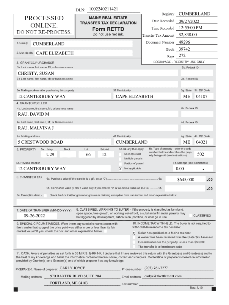 Fillable Online 1002240211421 CUMBERLAND MAINE REAL ESTATE TRANSFER TAX ...