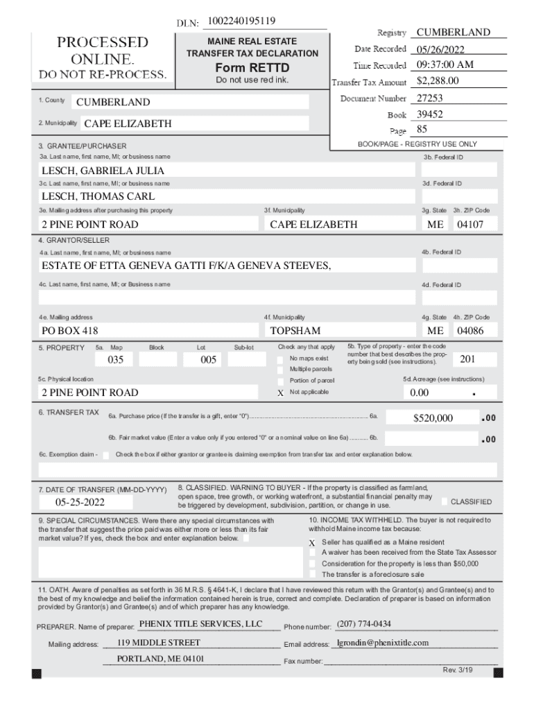 Fillable Online 1002240195119 CUMBERLAND MAINE REAL ESTATE TRANSFER TAX ...
