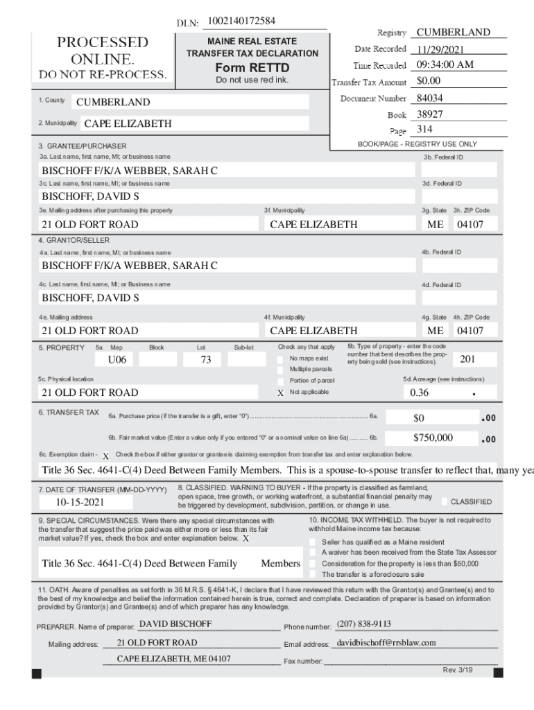 Fillable Online 1002140172584 CUMBERLAND MAINE REAL ESTATE TRANSFER TAX ...