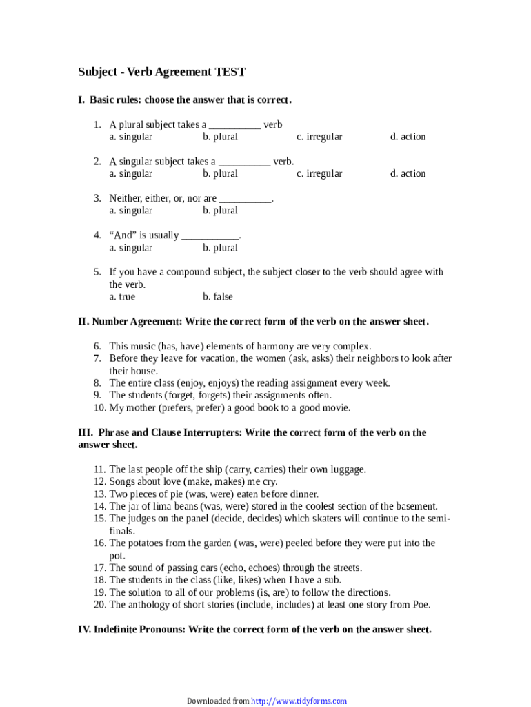 Fillable Online Exercise : Subject and Verb Agreement Exercise - Purdue Writing Lab Fax Email ...