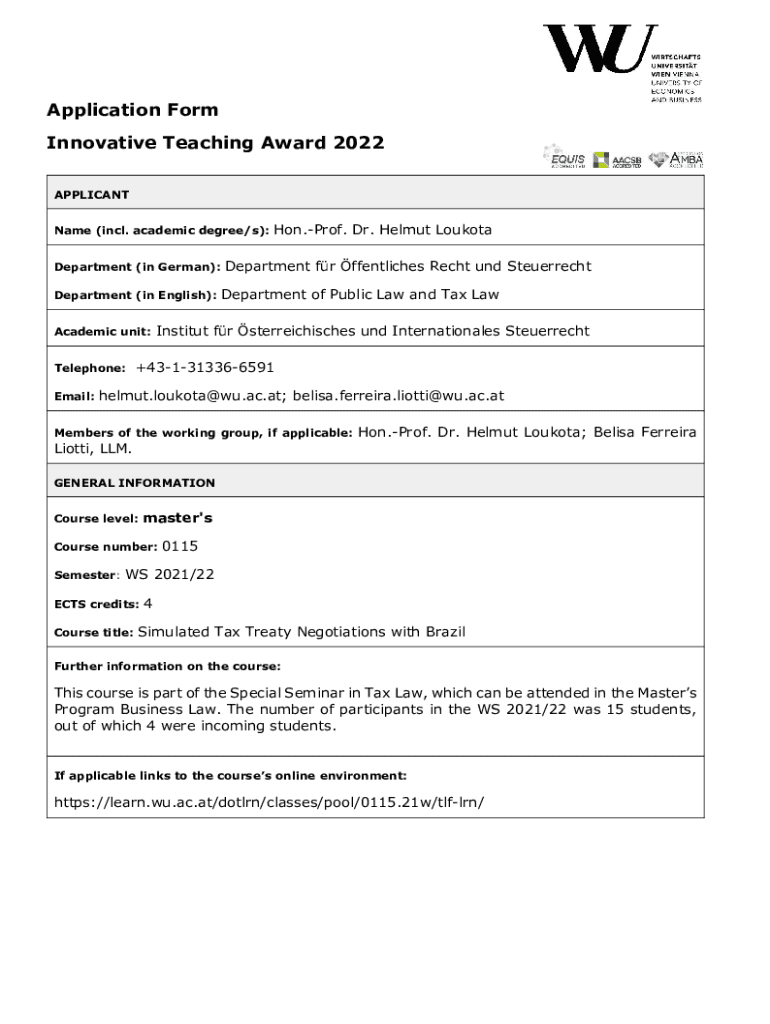Fillable Online Application Form Innovative Teaching Award 2022 Fax Email Print - pdfFiller