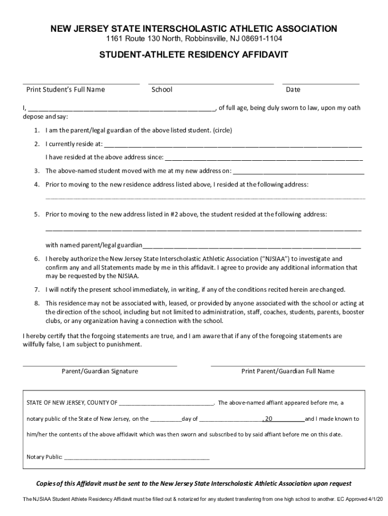 Fillable Online New jersey state interscholastic athletic association 1161 Route 130 ... Fax ...
