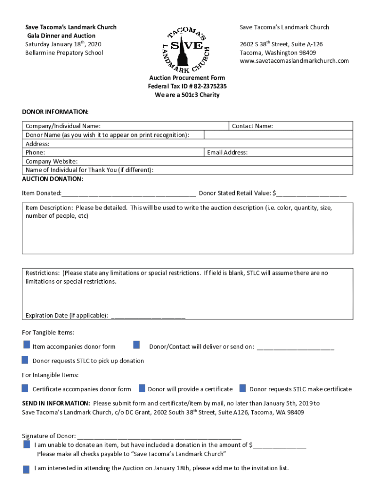 Fillable Online Auction Procurement Form Federal Tax ID # 82-2375235 We ...