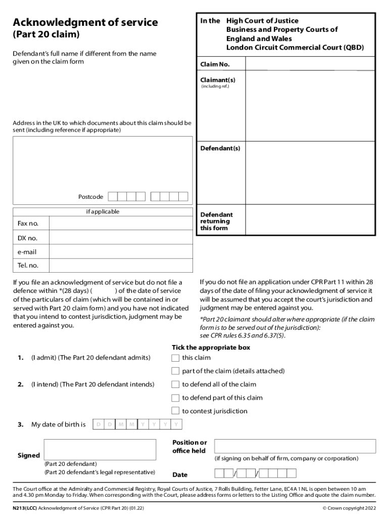 Fillable Online N213(LCC) Acknowledgment of Service (CPR Part 20). N213 ...