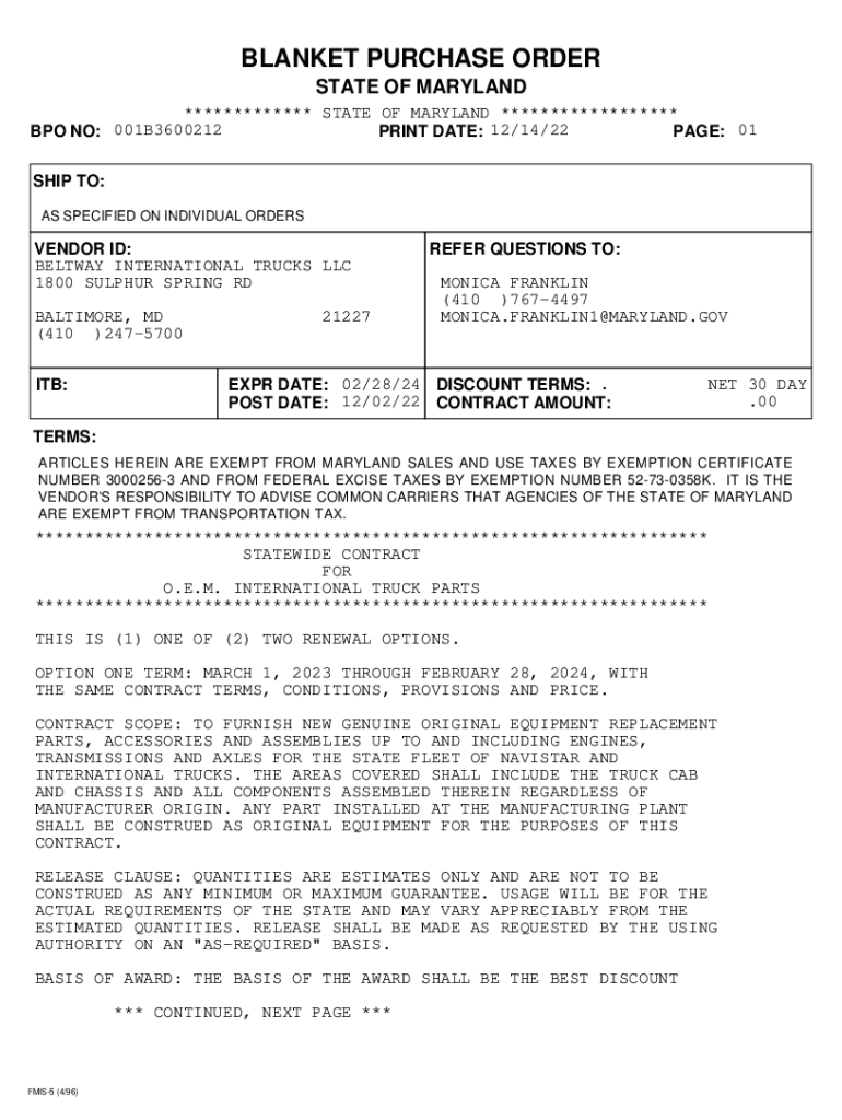Fillable Online dgs maryland PDF version of FMIS Blanket Purchase Order. Blanket Purchase Order ...