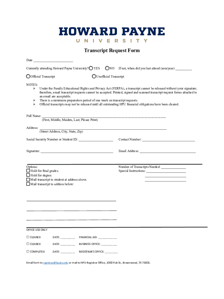 Fillable Online Transcript Request Form - Howard Payne University Fax ...