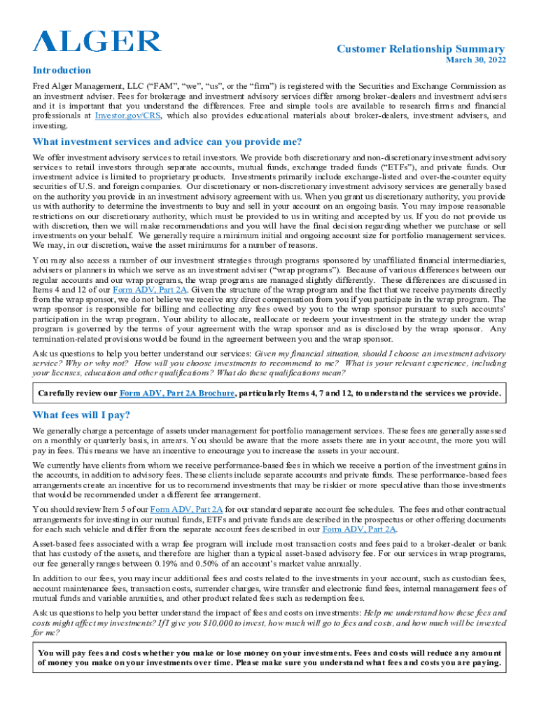 Fillable Online Fred Alger Management, LLCForm CRSForm Part 2AForm Part ...