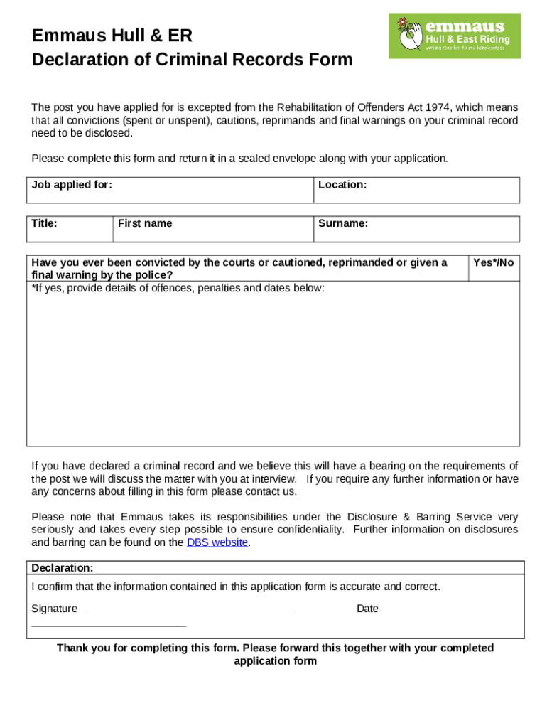 Emmaus Hull & ER Declaration of Criminal Records Doc Template | pdfFiller