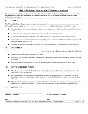 Fillable Online West Allis Senior Center - Agency/Volunteer Agreement ...