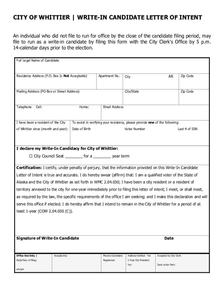 Fillable Online write-in candidate letter of intent - City of Whittier ...